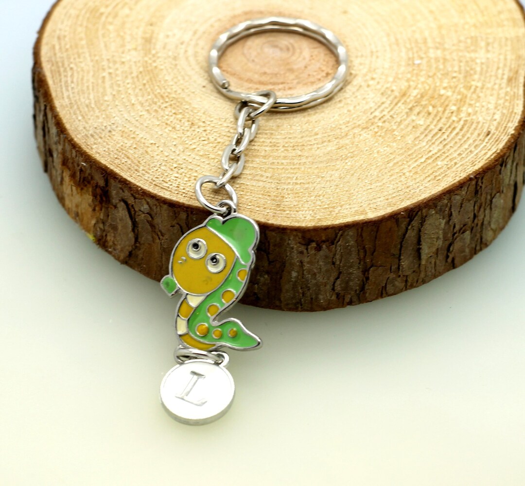 Cute Green and Yellow Snake Personalised Keyring With White Enamel ...