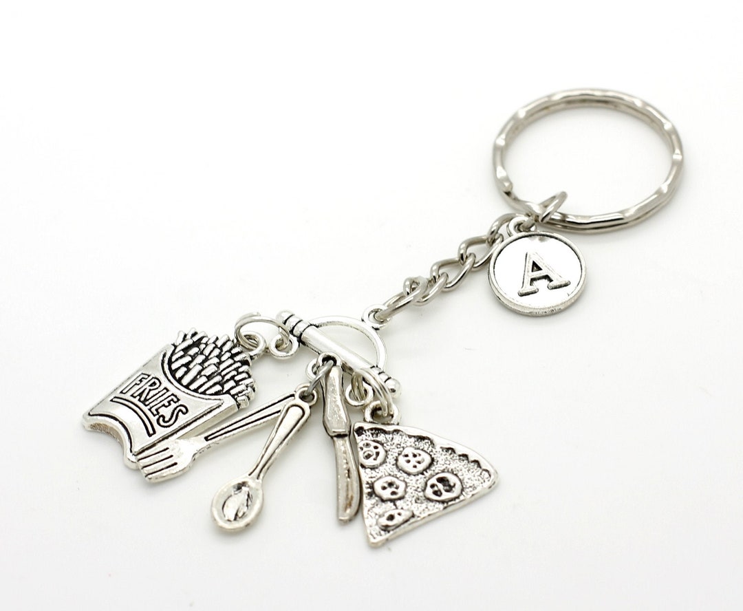 Fast Food Pizza Fries & Cutlery Keyring Silver Personalised With ...