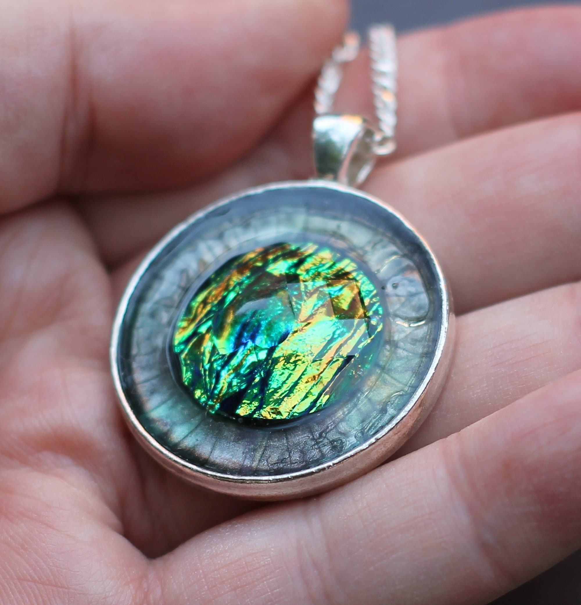 Hand Painted Pendant With Faux Opal in Resin on Silver Plated Chain ...