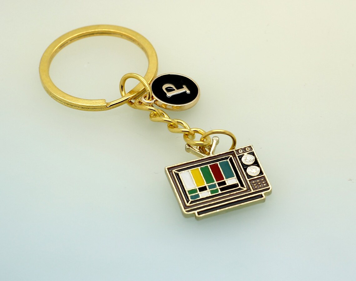 Retro Television Set TV Keyring Personalised With Black Initial Gold - Etsy