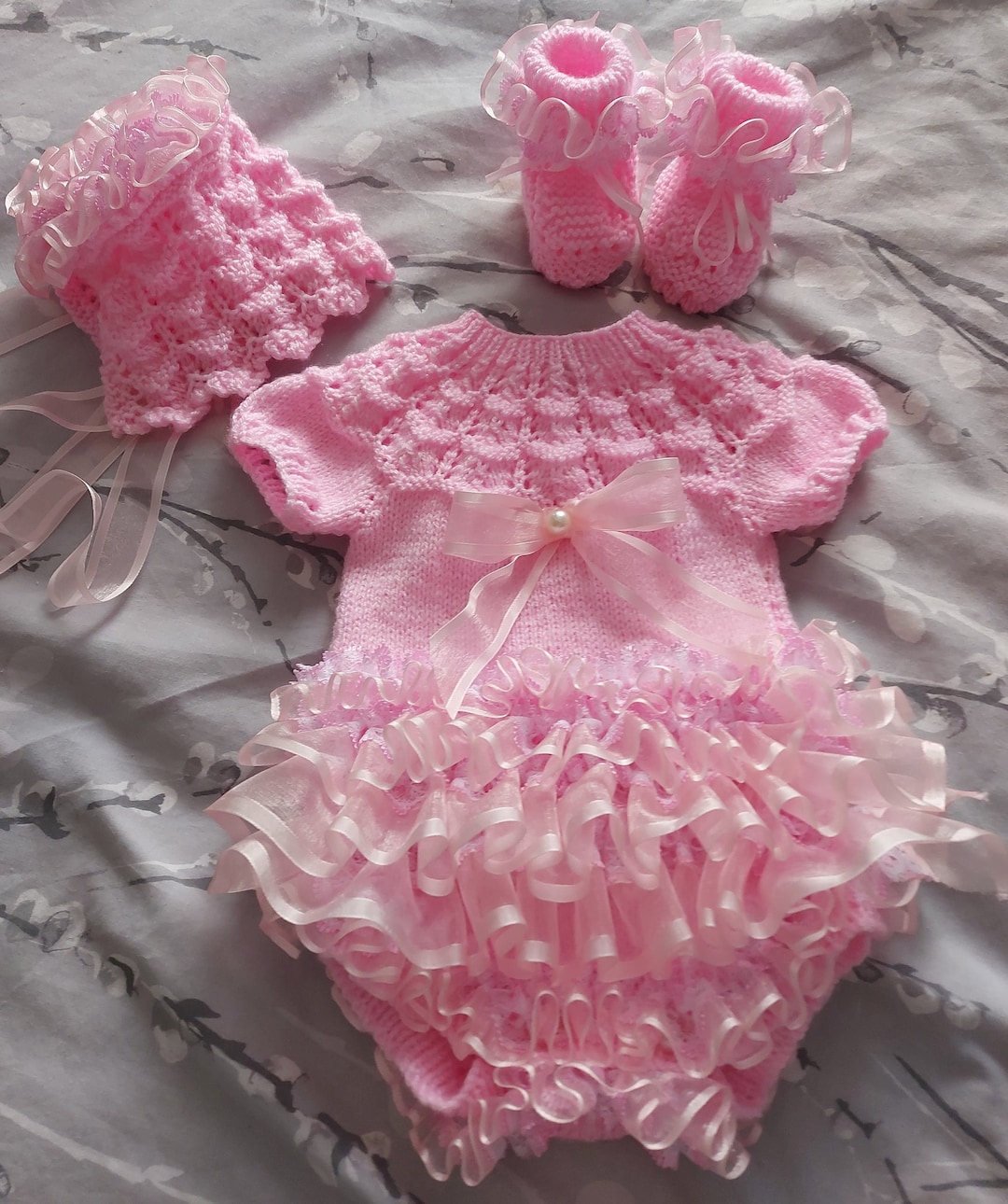 Frilly Hand Knitted Baby Set, Hand Made Baby Clothes. Romper Set, Baby ...