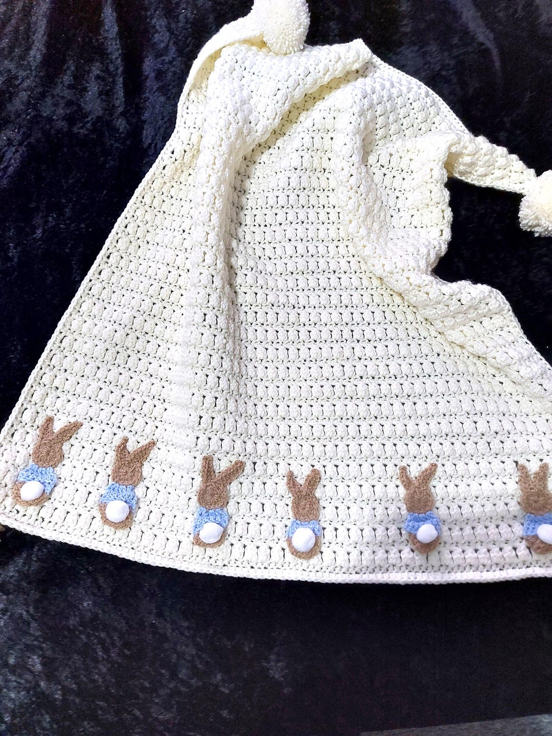 Crocheted Baby Blanket: Bunny Parade Pram/cot Blanket With Pom Poms - Etsy