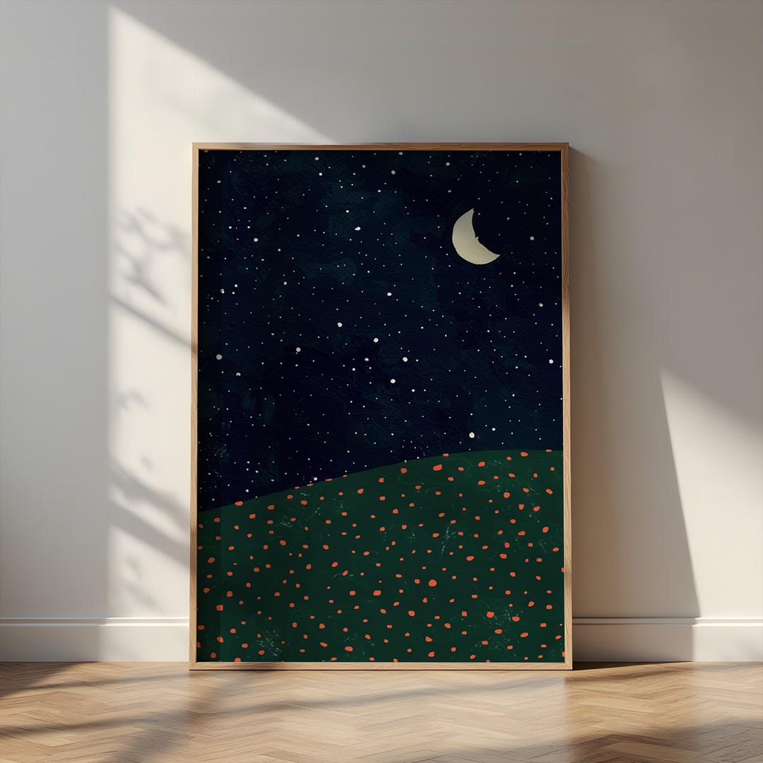 Moon and Orange Stars Poster, Minimal Night Sky Art, Dreamy Wall Decor ...
