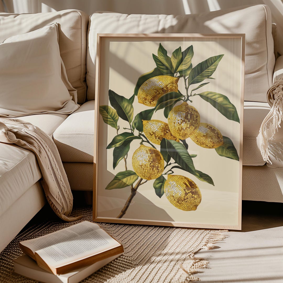 Retro Lemon, Disco Mirror Ball Print, Funky Food Home Decor, Mirror ...