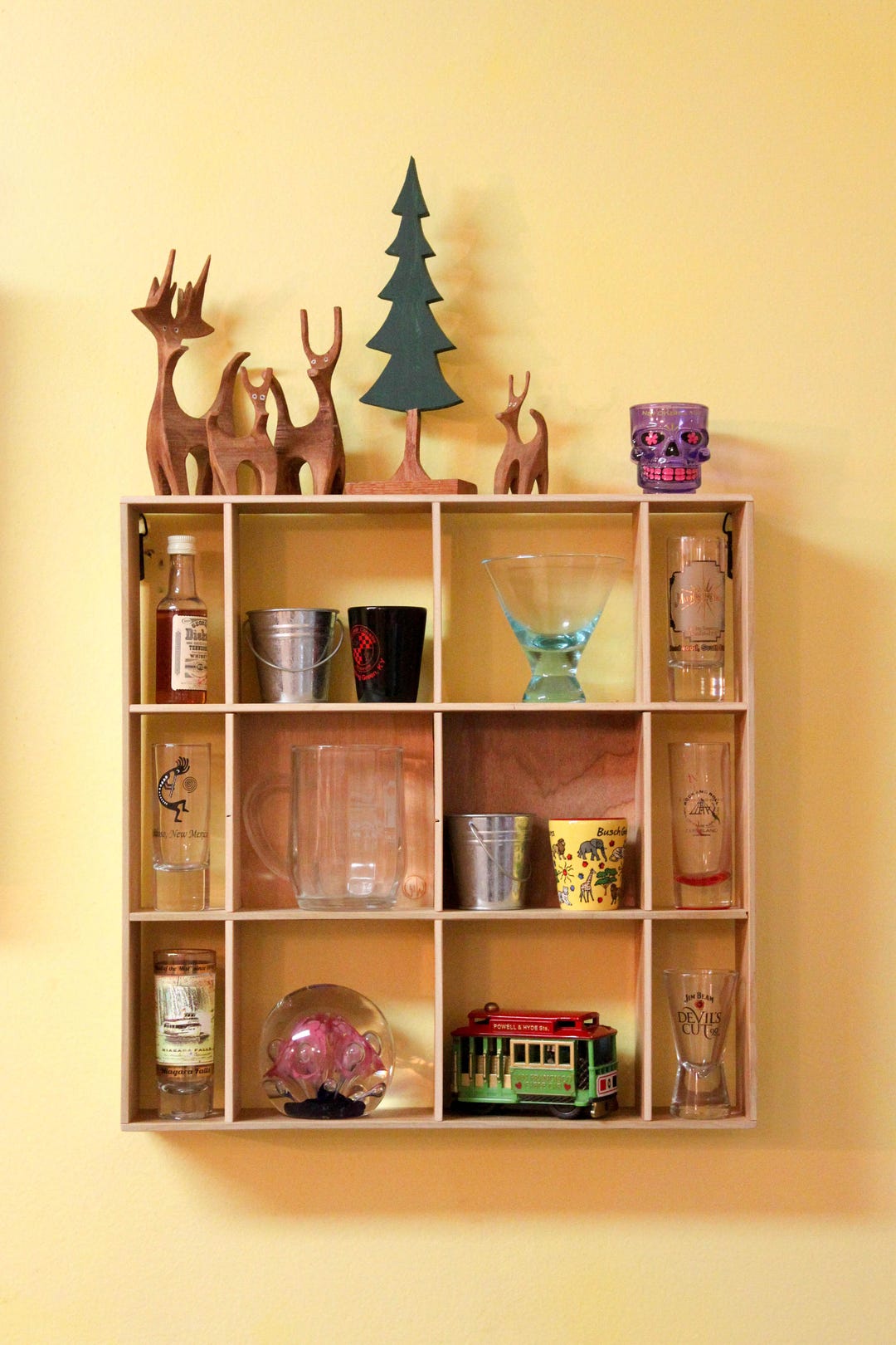 12 Slot Wood Shadow Box Shelves Tabletop or Wall Mounted Display Shelf ...