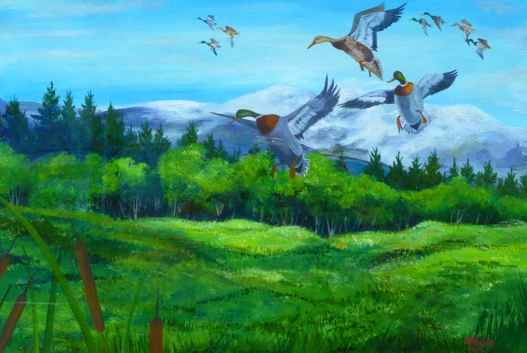 Mallard Geese Formation, Oil on Paper, Framed Painting, Painting Size ...