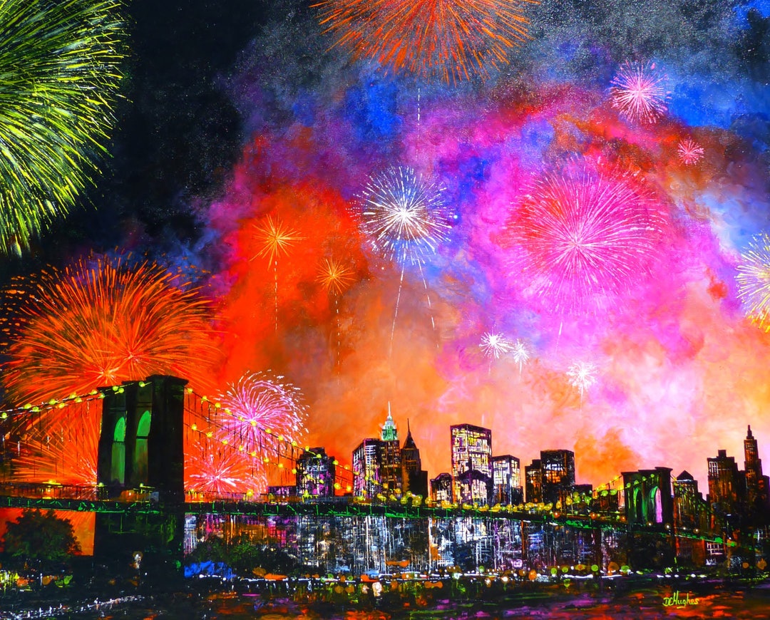 BROOKLYN BRIDGE, NYC Skyline, Fireworks on the Hudson, Acrylic Painting ...