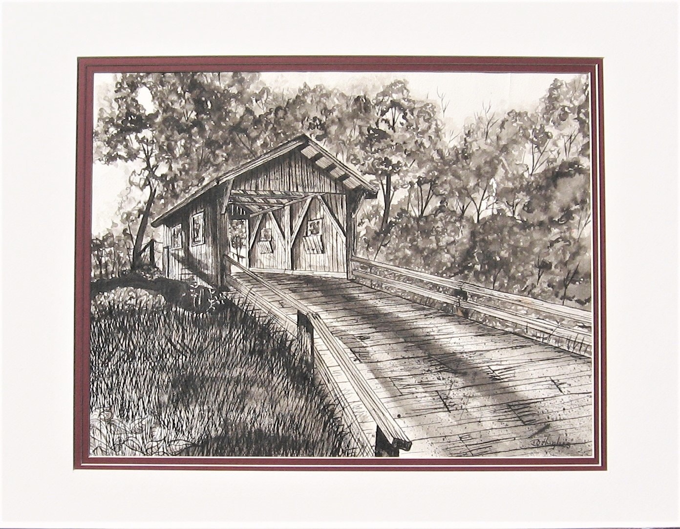 COVERED BRIDGE, West Virginia, Pen and Ink Painting on Paper, Framed ...