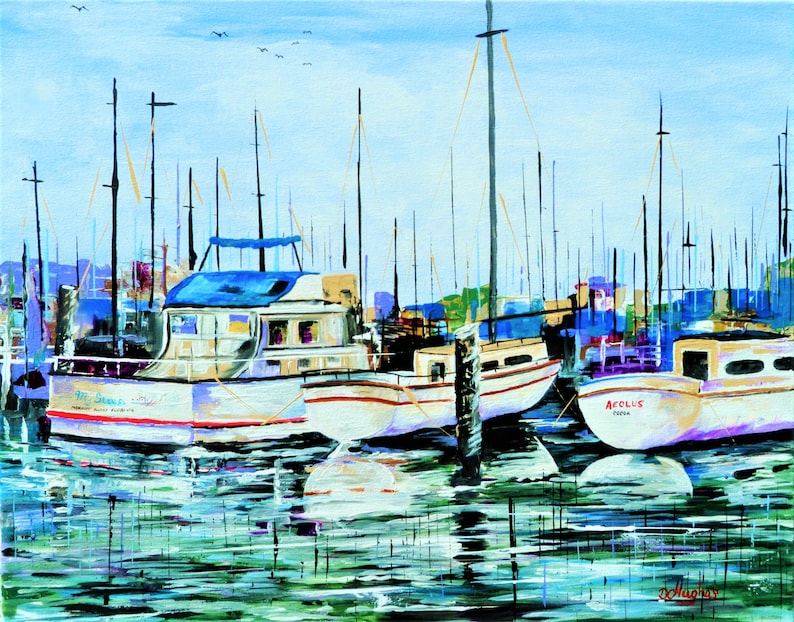 SAILBOATS and POWER BOATS at the Dock, Stretched Canvas, Digital Print ...