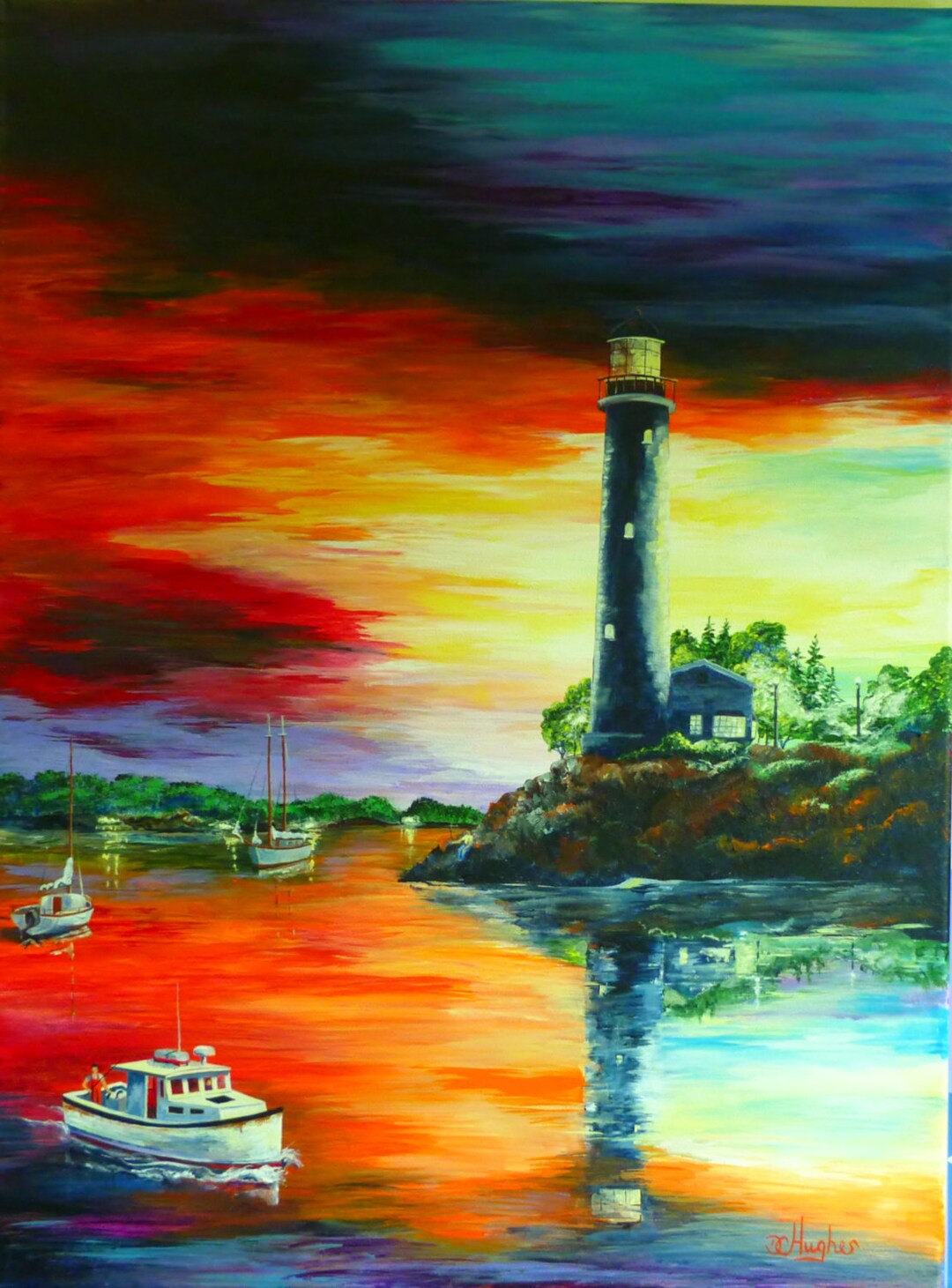 Lighthouse and Boats at Sunrise/sunset, SIZE 18 X 24 ORIGINAL Colorful ...