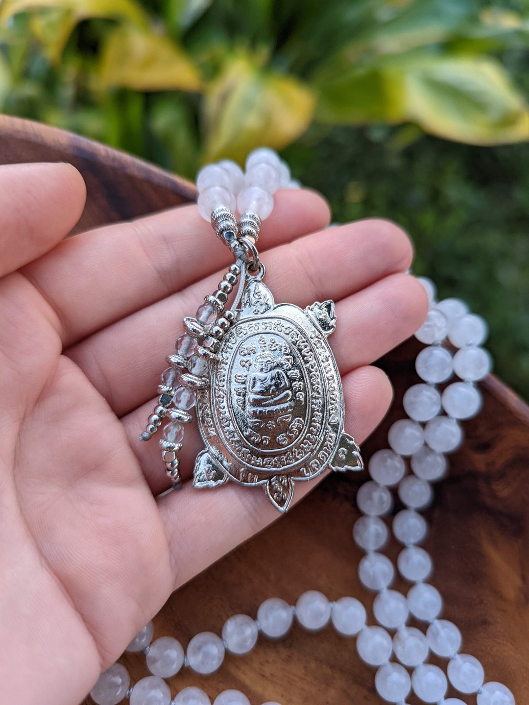 Snow Quartz Mala Beads: Vintage Turtle Amulet, Buddhist Necklace - Etsy