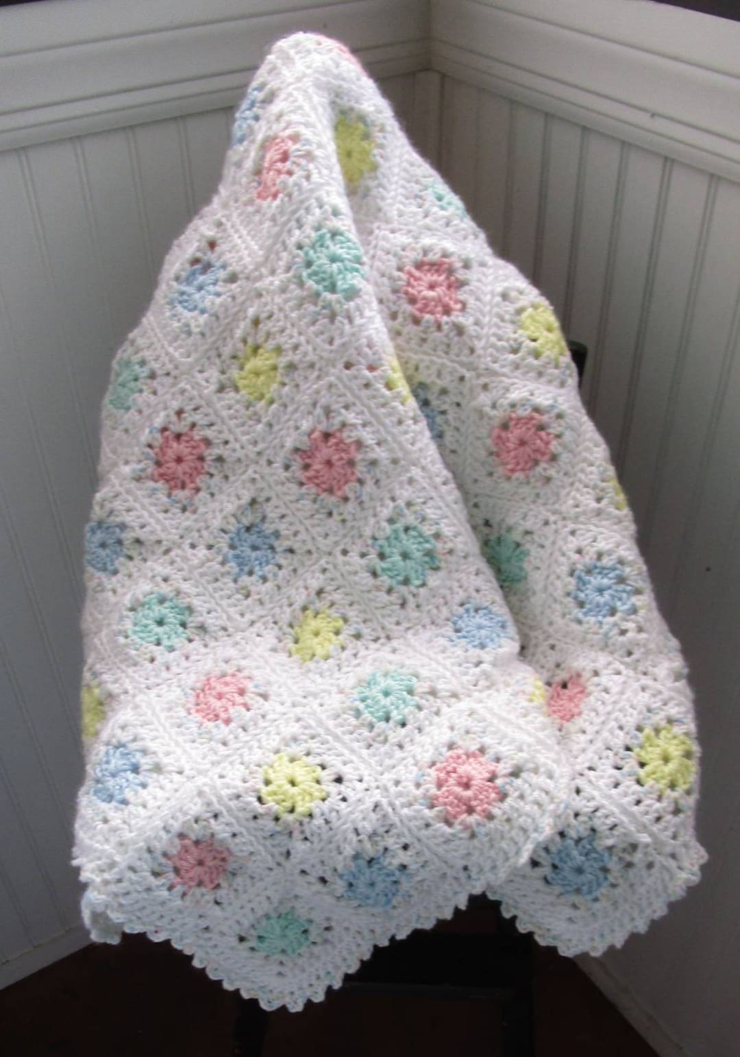 Crochet Baby Blanket Pink, Blue, Yellow, Green and White Squares. Large ...