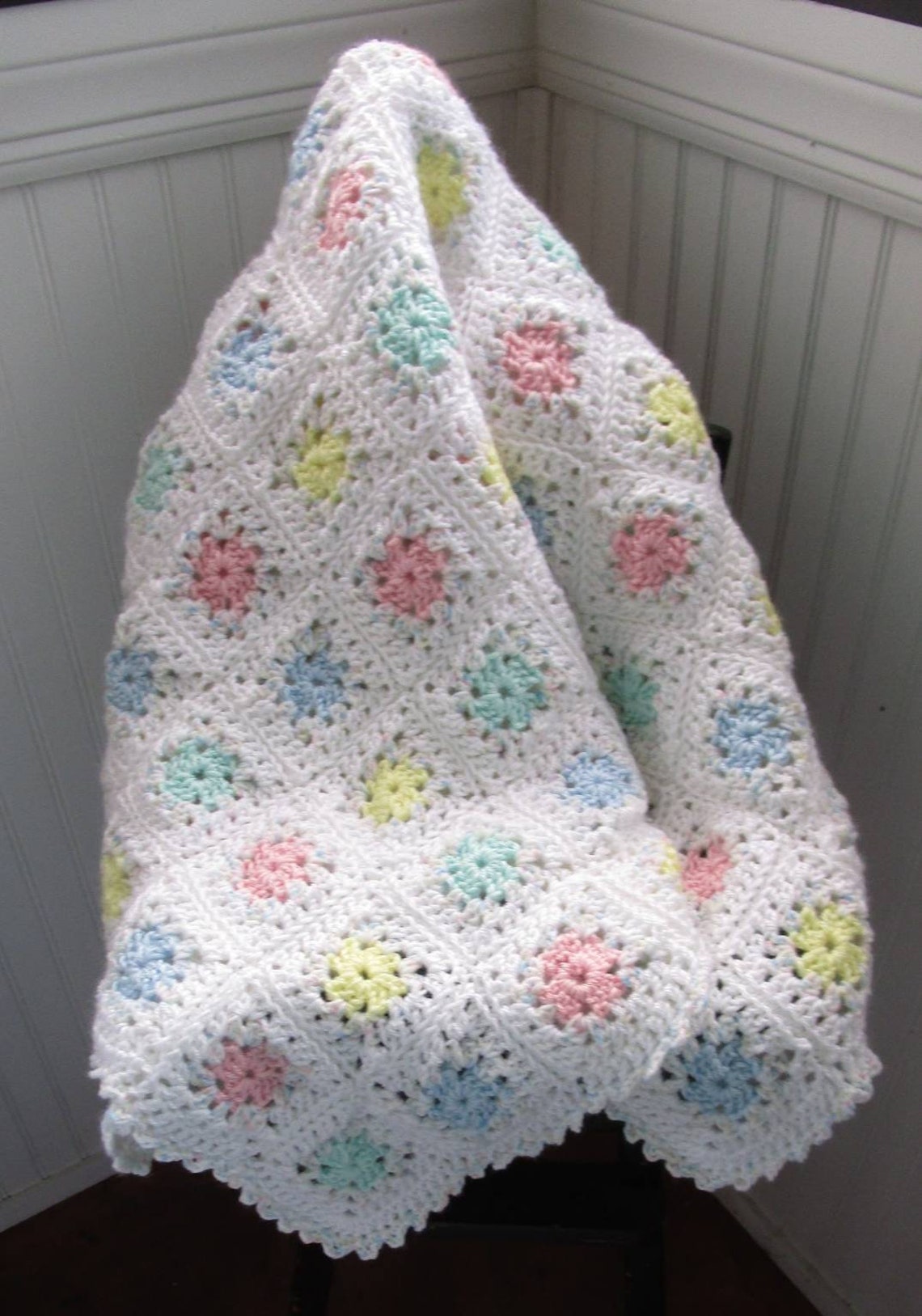 Crochet Baby blanket pink blue yellow green and white | Etsy