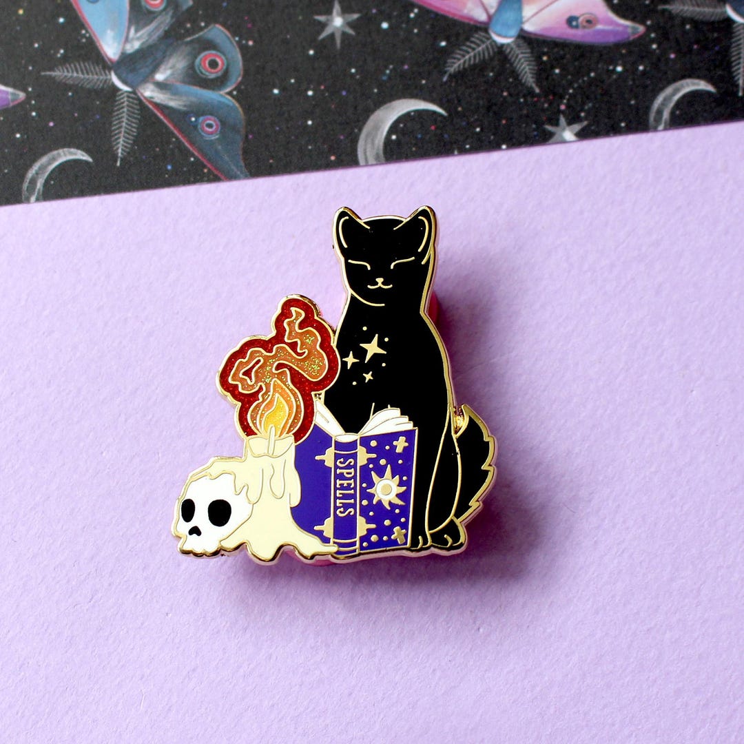 Halloween Spell Cat Enamel Pin; Spell Book Magic Cat Pin - Etsy