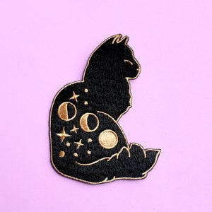 Black Cat Patch Iron on Patch Embroidered Patch Back Patch Celestial Cat Moon Phases Patch Moon ...