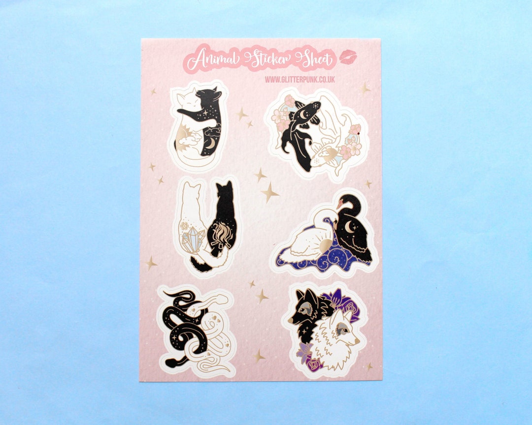Black and White Hugging Animals Sticker Sheet Cat Sticker Pack Swan ...