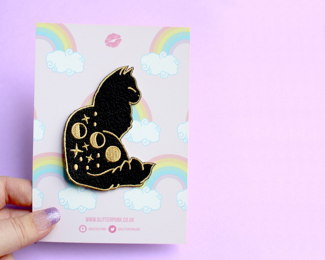 Black Cat Patch Iron on Patch Embroidered Patch Back Patch Celestial Cat Moon Phases Patch Moon ...