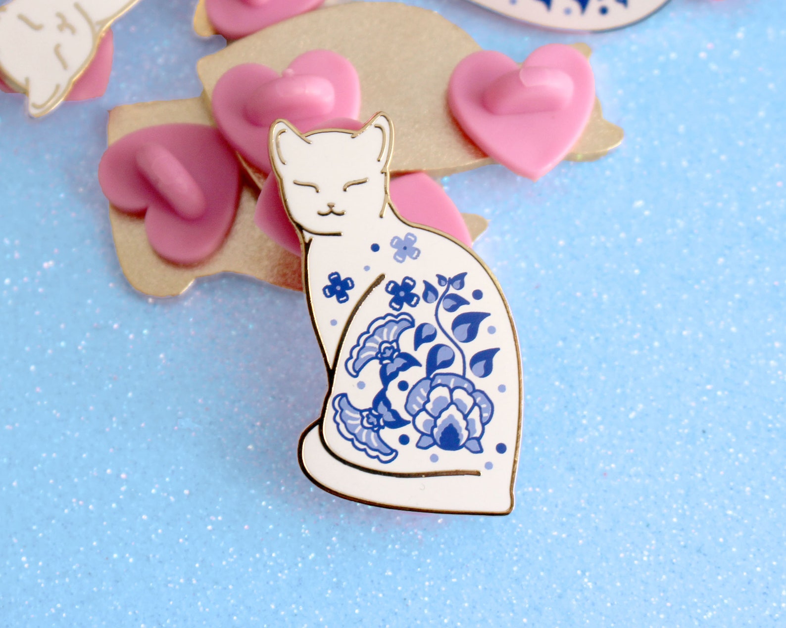 Willow Pattern Cat Enamel Pin Pottery Cat Pottery Themed White Cat ...