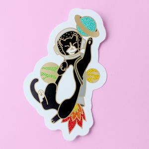 Astronaut Cat Sticker, Black Cat Space Sticker Playing With Planets - Etsy