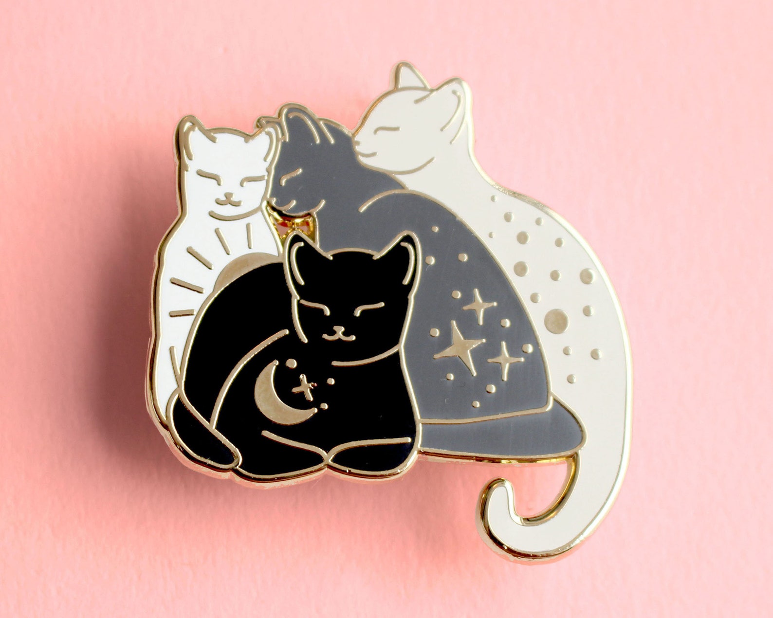 Cat Pile Enamel Pin, Black and White Celestial Cats - Etsy