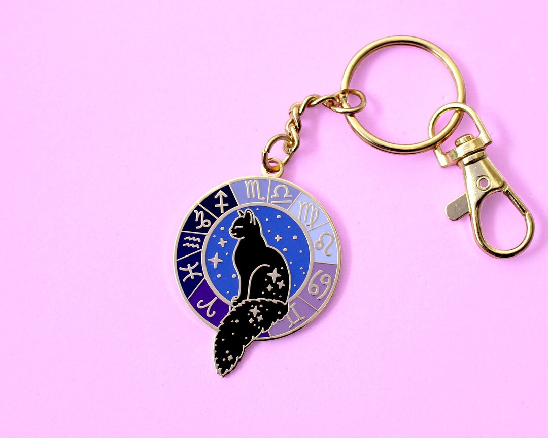 Zodiac Cat Key Chain, Black Cat Celestial Astrology Star Key Ring - Etsy
