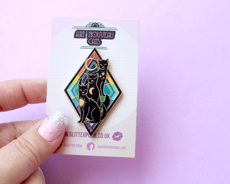 Rainbow Cat Trio Enamel Pin; Black Cat Art Nouveau Celestial Cat Lapel ...