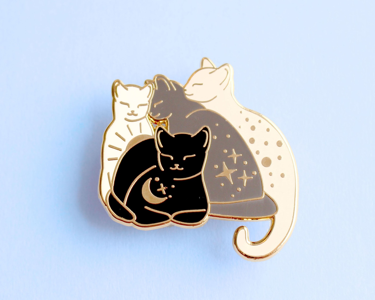 Cat Pile Enamel Pin, Black and White Celestial Cats - Etsy