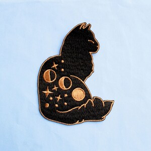 Black Cat Patch Iron on Patch Embroidered Patch Back Patch Celestial Cat Moon Phases Patch Moon ...