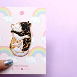 Day and Night Hugging Cat Iron on Patch Embroidered Patch Celestial Patch Back Patch Cat Lover ...