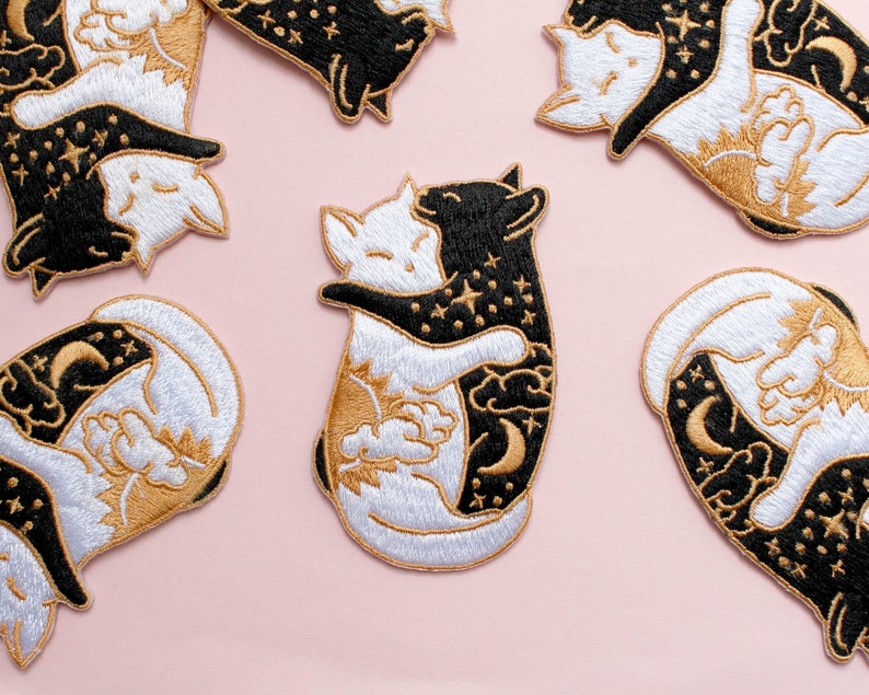 Day and Night Hugging Cat Iron on Patch Embroidered Patch | Etsy