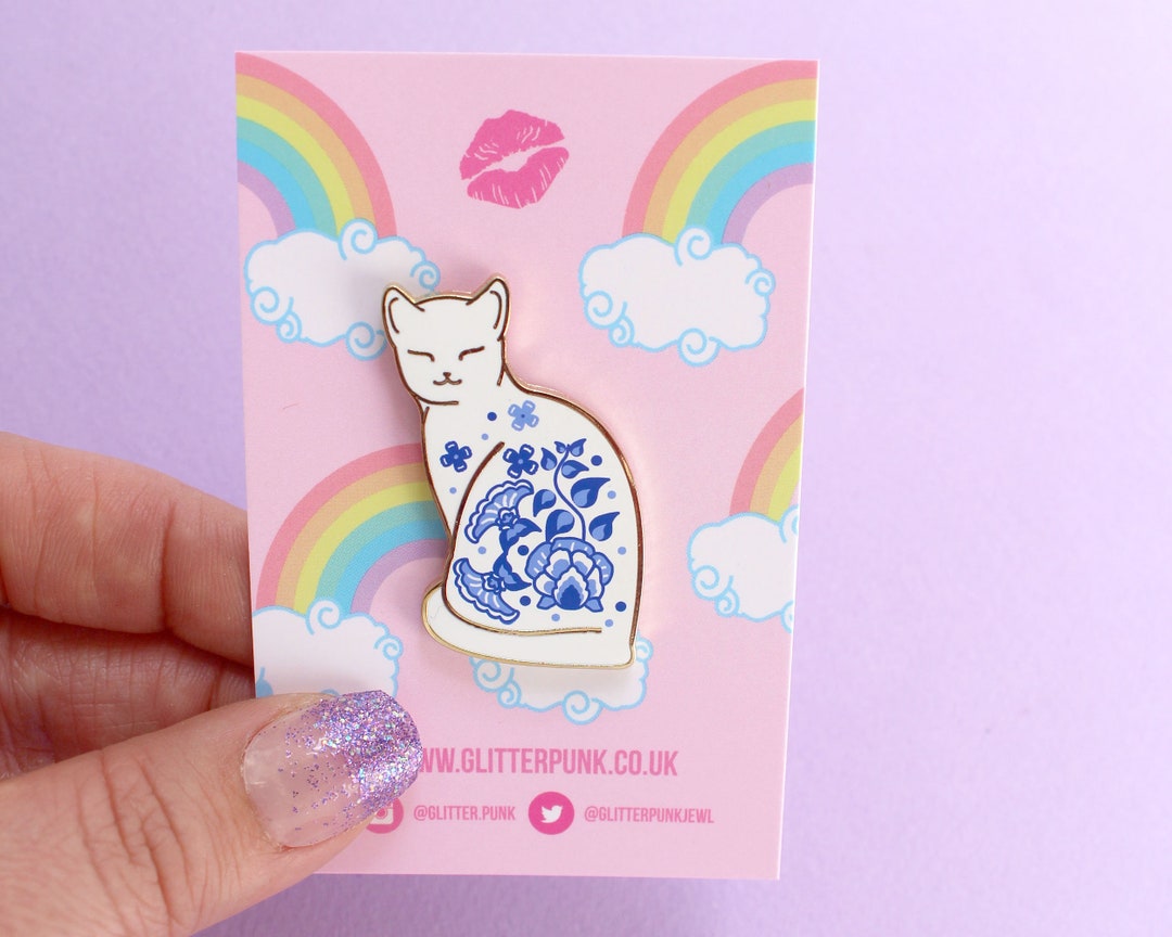 Willow Pattern Cat Enamel Pin Pottery Cat Pottery Themed White Cat ...