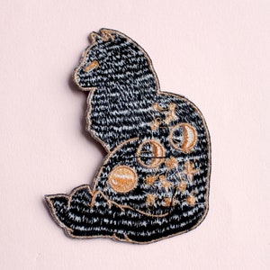 Black Cat Patch Iron on Patch Embroidered Patch Back Patch Celestial Cat Moon Phases Patch Moon ...