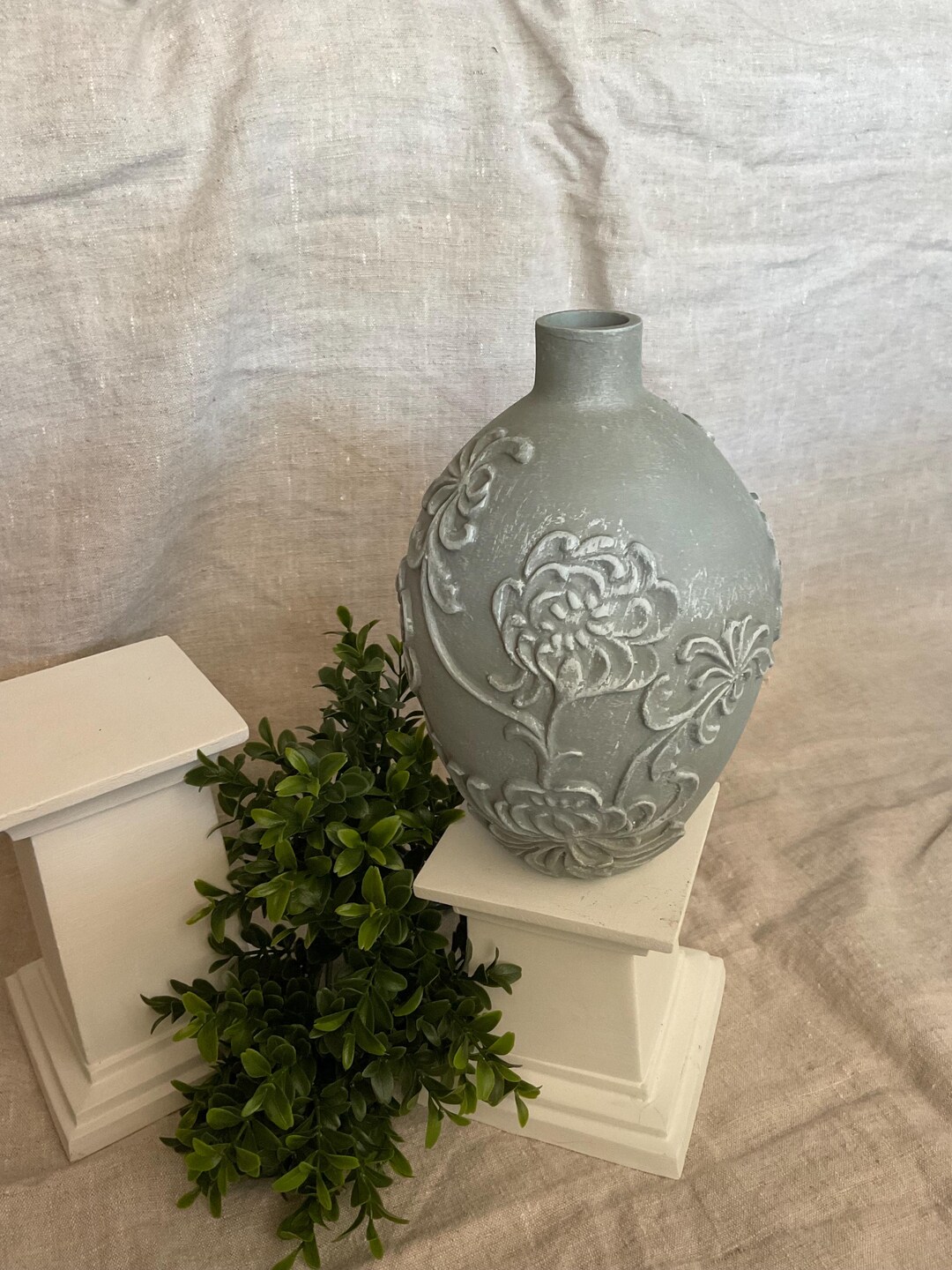 Small Sage Green Farmhouse Country Vase With Raised Floral Detail - Etsy