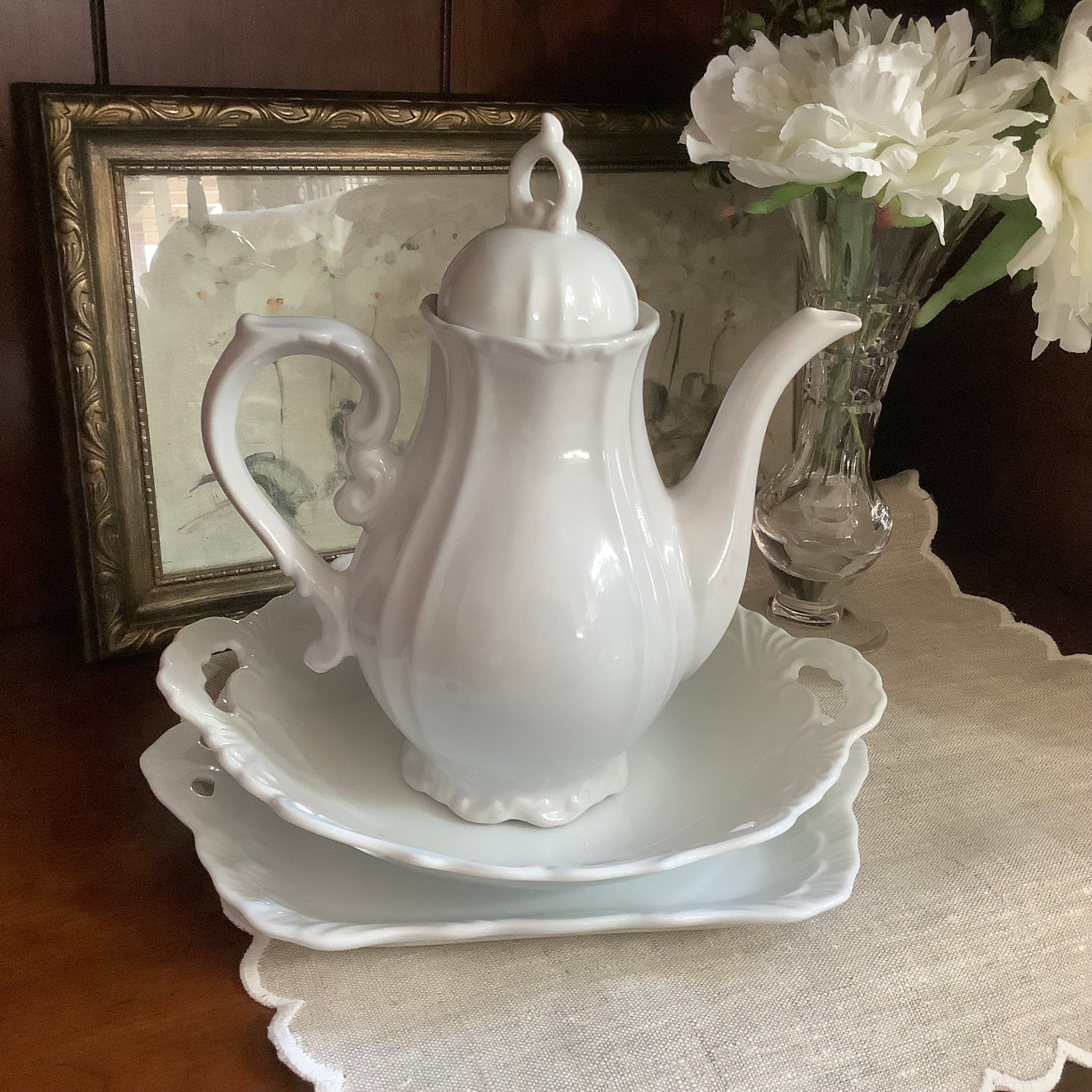 White Stone Tea Pot and Two Serving Trays Unmarked - Etsy
