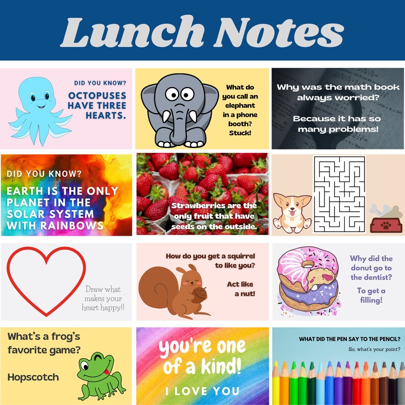 Printable Lunch Box Notes With Activities, Jokes, Games, Facts for Kids ...