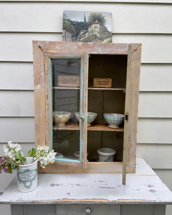 Beautiful Vintage French Primitive Glass Door Cabinet With a Hint of Blue Etsy