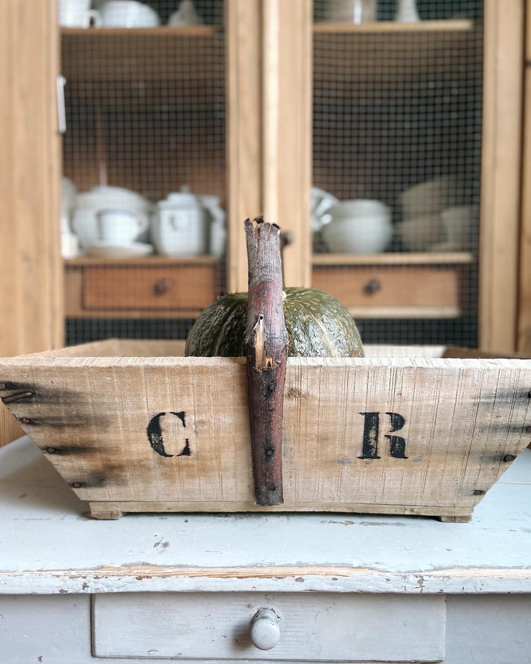 Beautiful Vintage French Farmhouse Wooden Trug, Basket With Initial CR ...