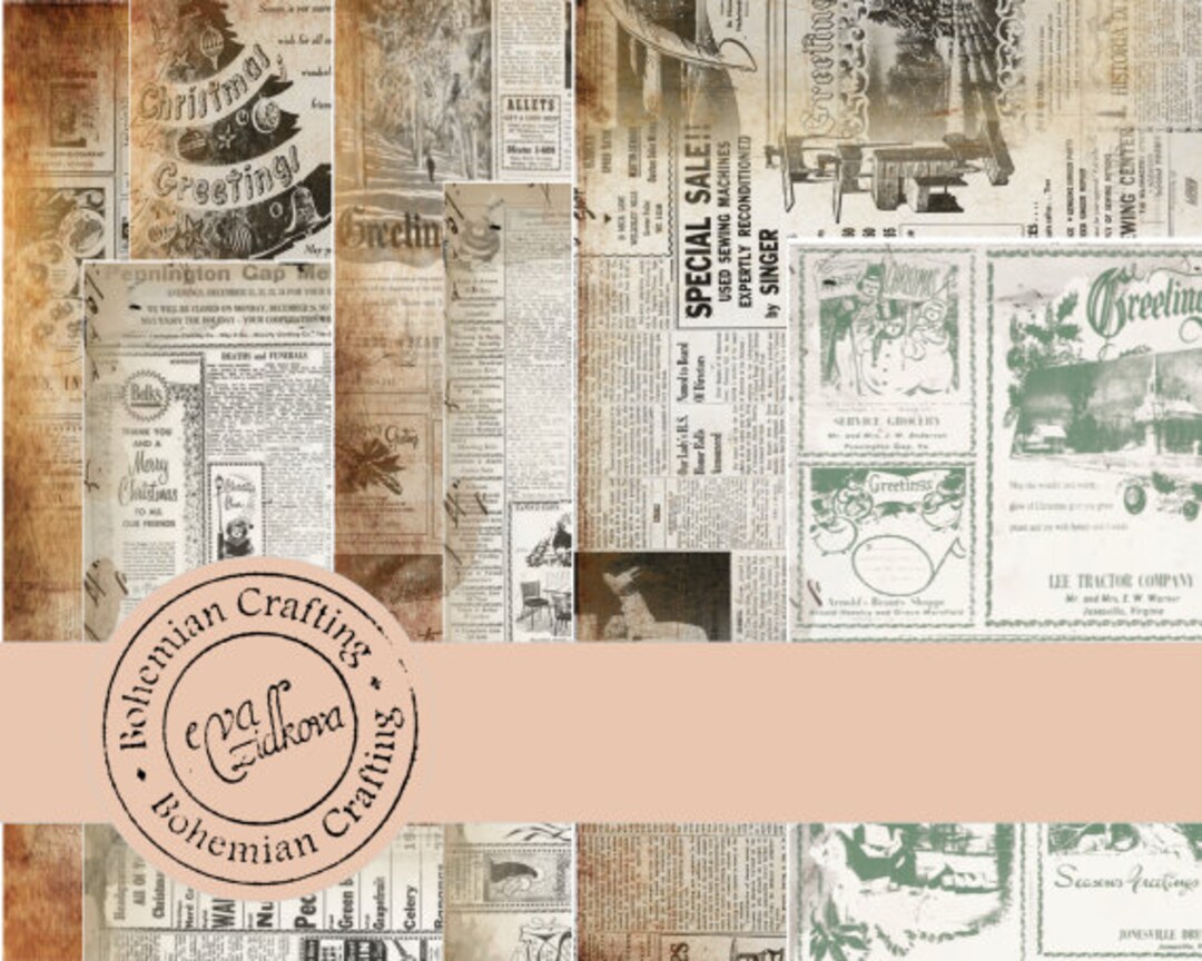 Vintage Christmas Newspaper Backgrounds Digital Design Printable Junk ...