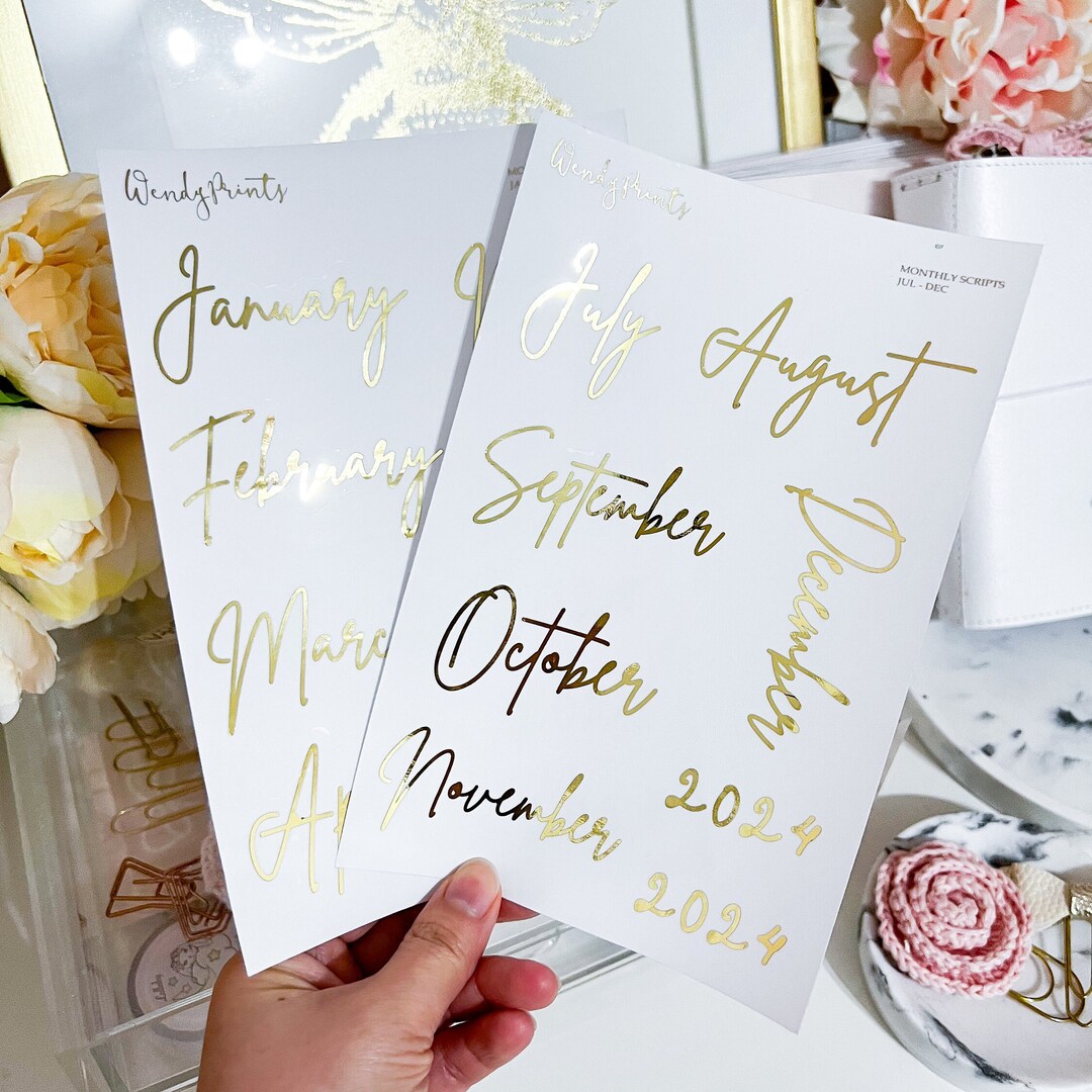 Large Monthly Script Clear Transparent Stickers 2024 Foiled Monthly ...