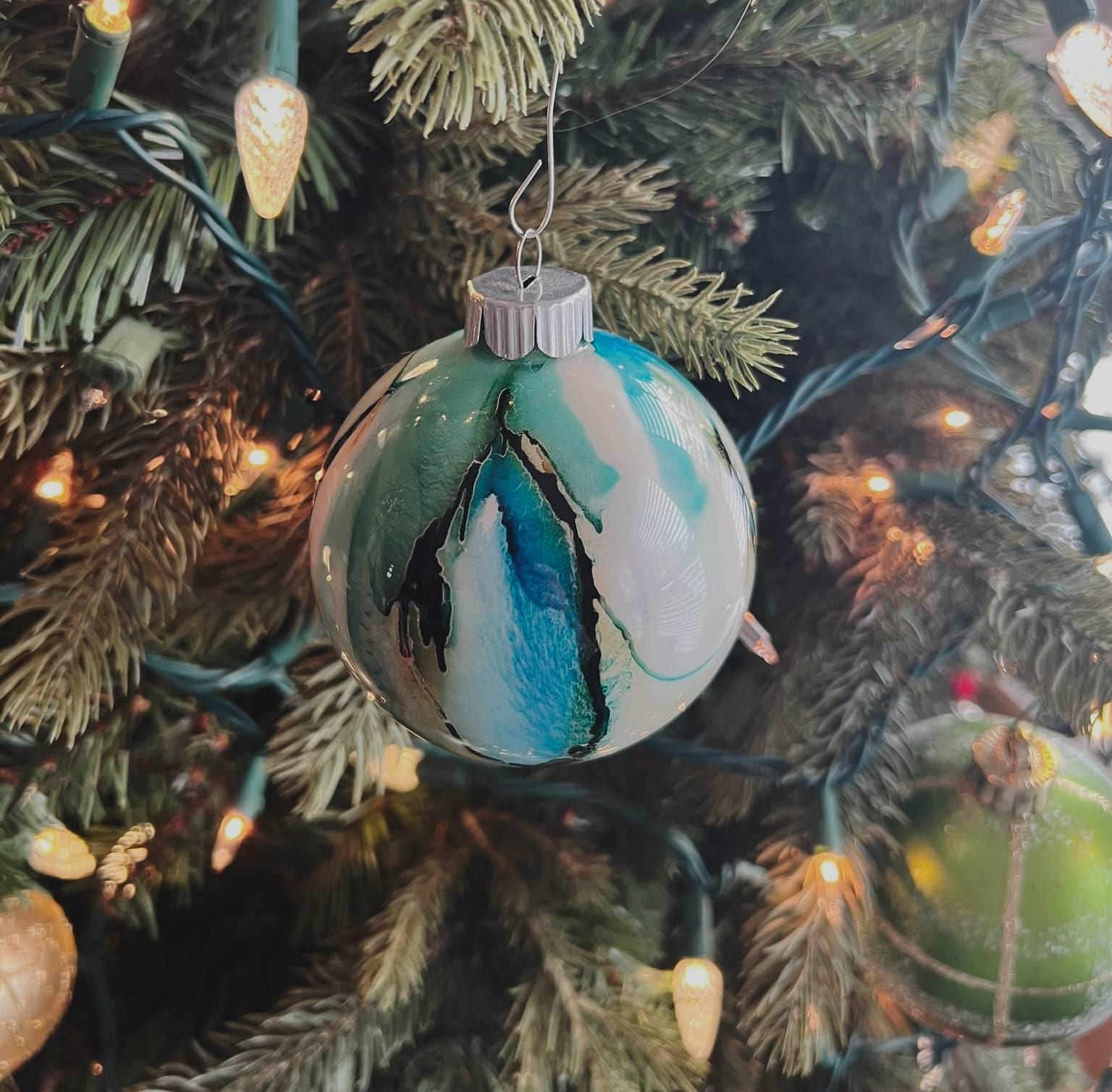 Blue Green Cream Alcohol Ink Christmas Glass Ornament - Etsy