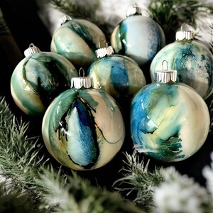 Blue Green Cream Alcohol Ink Christmas Glass Ornament - Etsy
