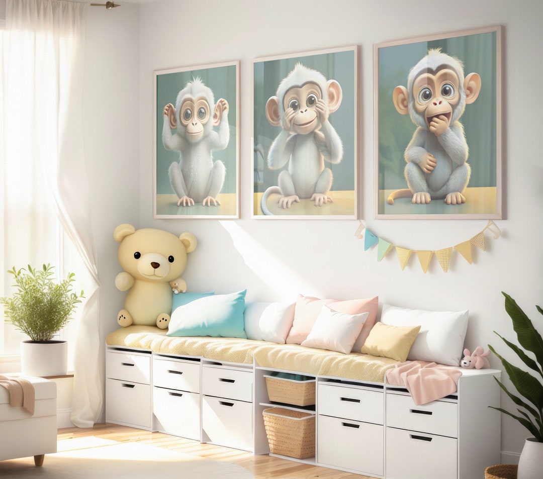 Set of 3 THREE WISE MONKEYS (listen, See, Speak) Nursery Room Decor ...
