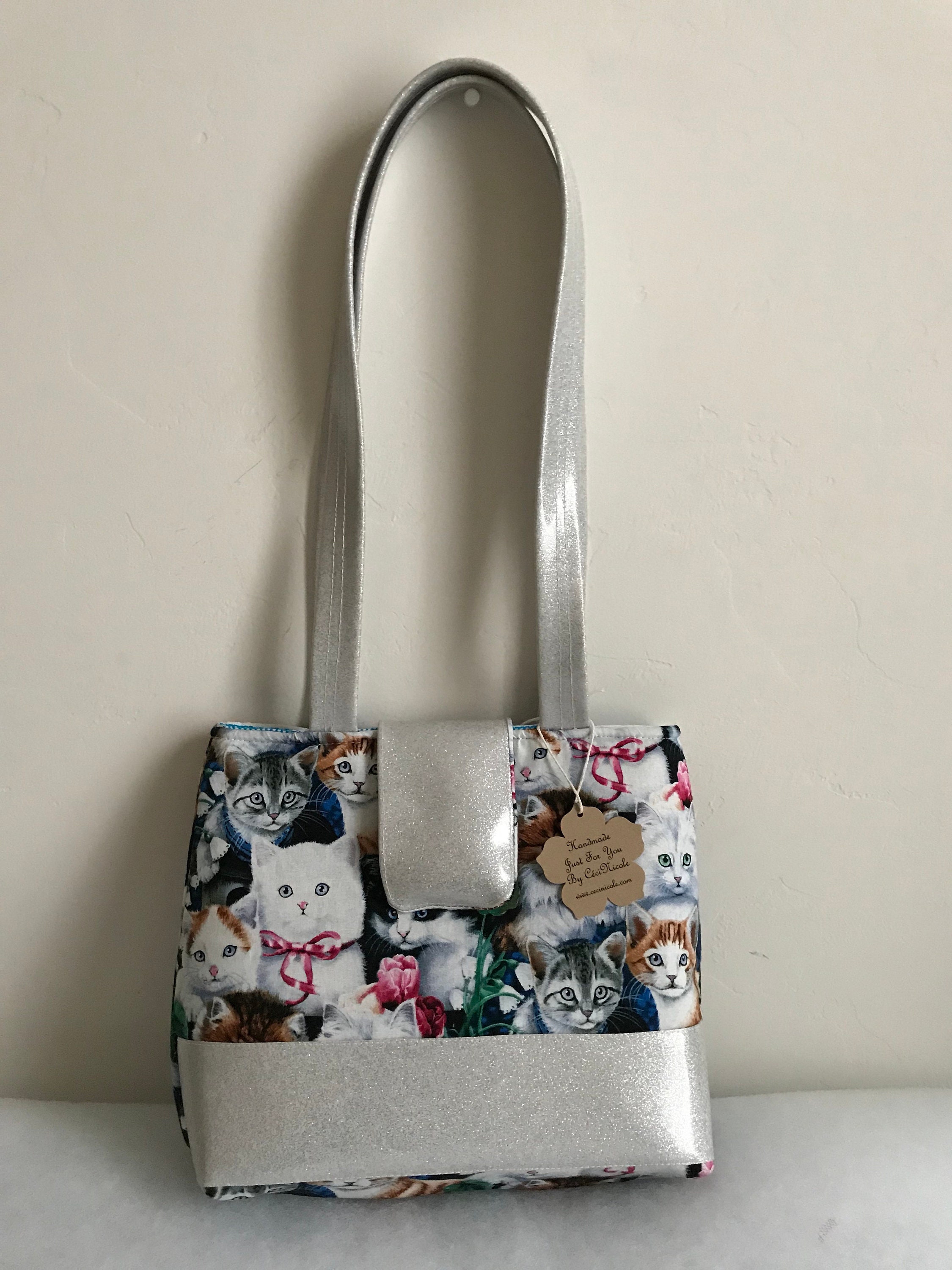 Handmade Kitten Print Handbag: Faux Leather & Fabric Purse - Etsy