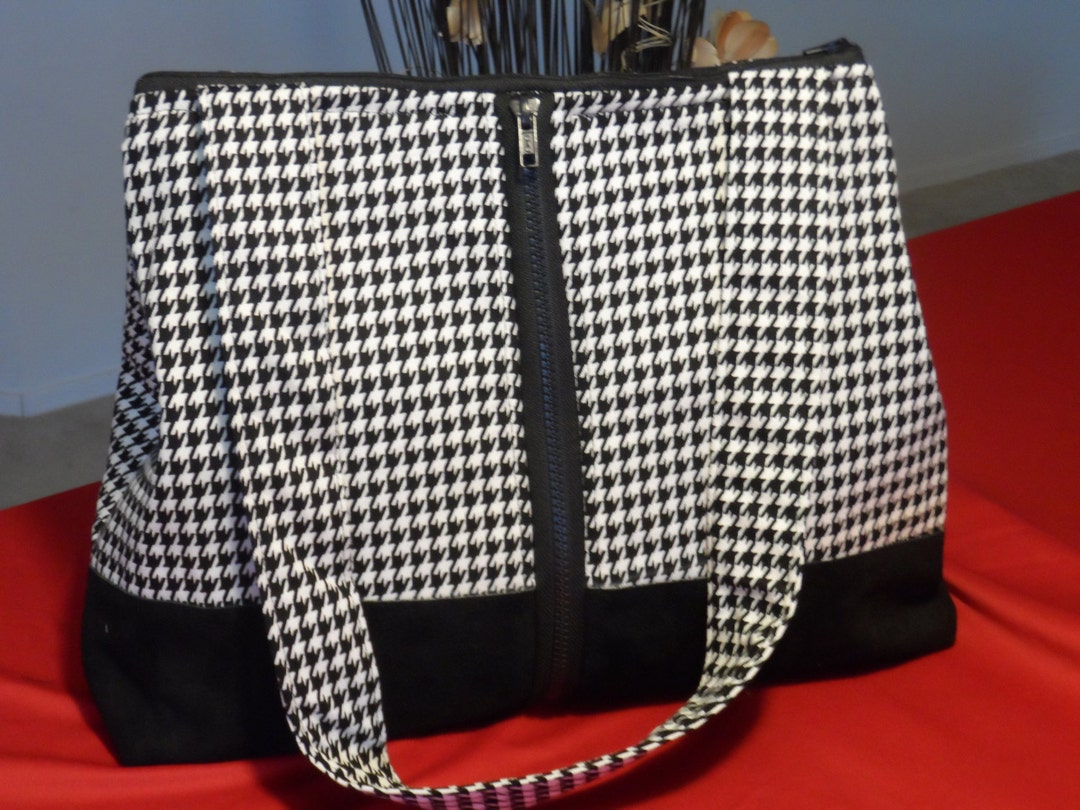 Houndstooth Handbag With Genuine Leather Bottom - Black & White - Etsy