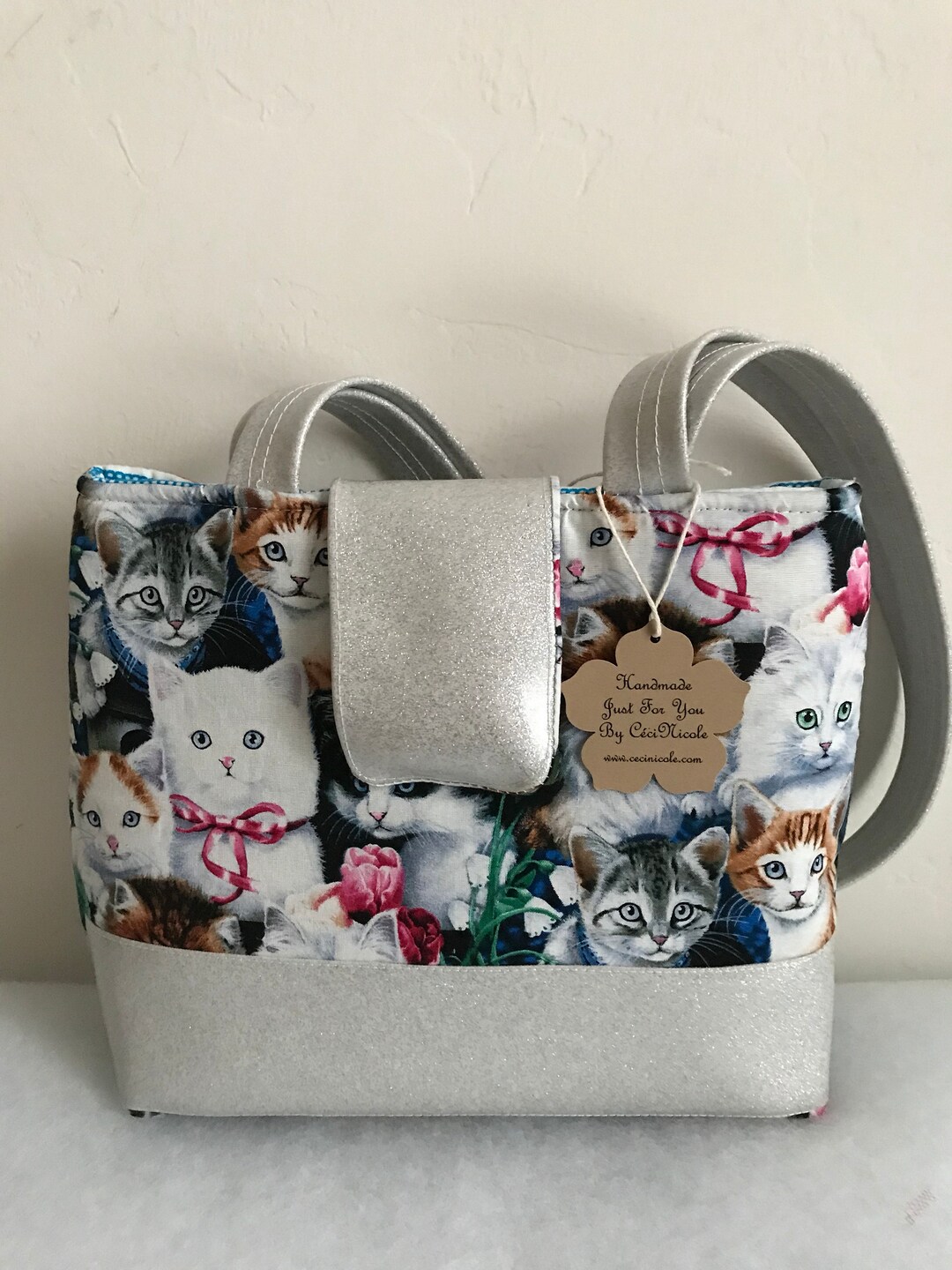 Handmade Kitten Print Handbag: Faux Leather & Fabric Purse - Etsy