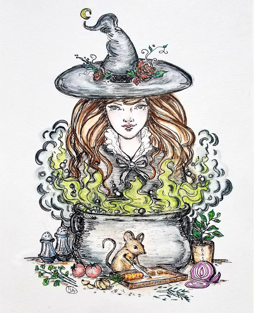 Kitchen Witch With Familiar Mouse, Magic It the Kitchen. 5 X7 Fine Art ...