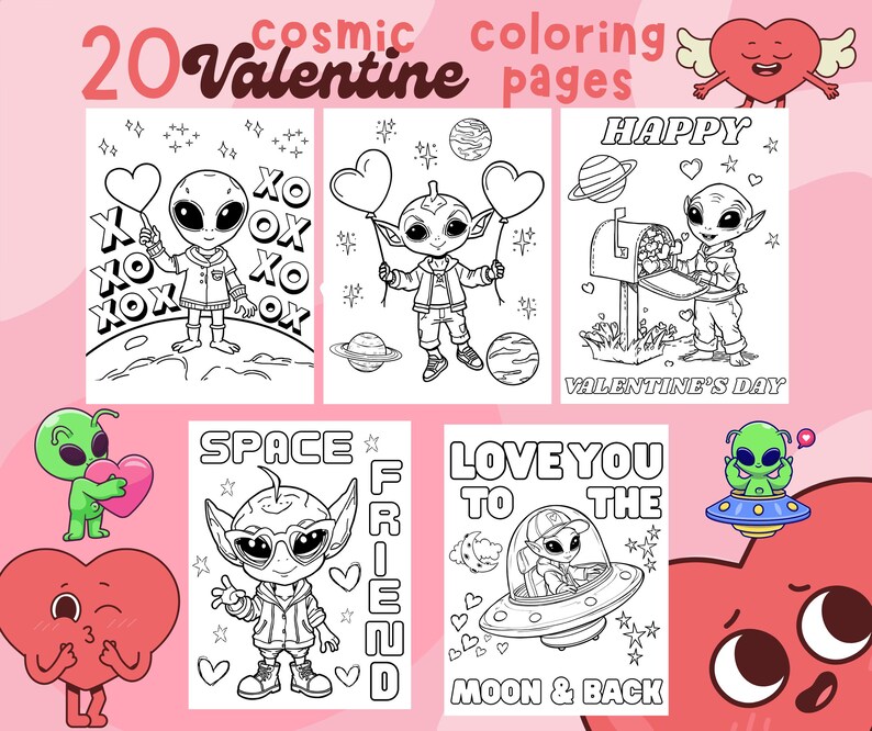 Valentine Coloring Page for Kids | Cute Alien Space Coloring Pages ...