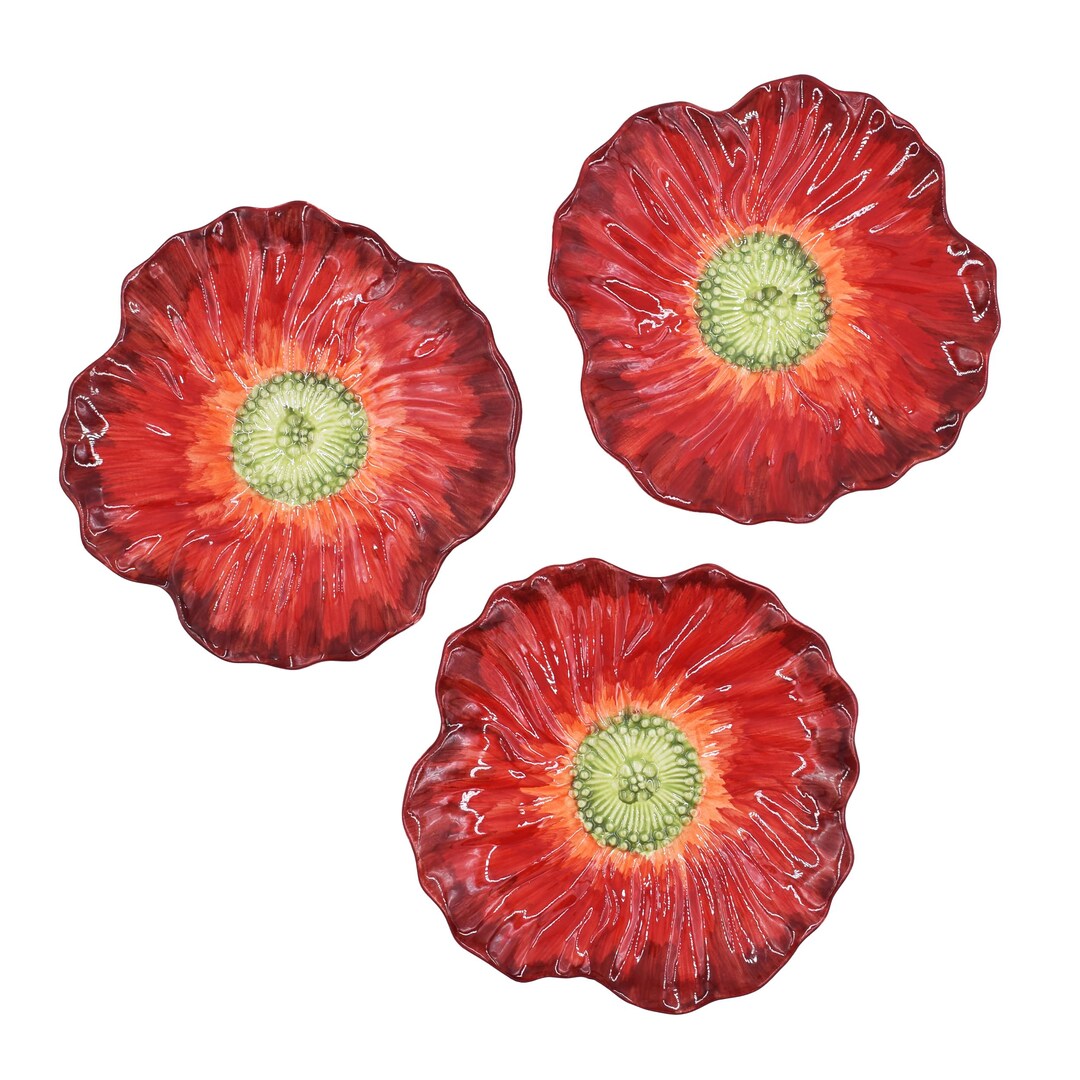Set of 3 Maxcera 8 Sketch Poppy Red Orange Poppy Flower Salad Plates ...