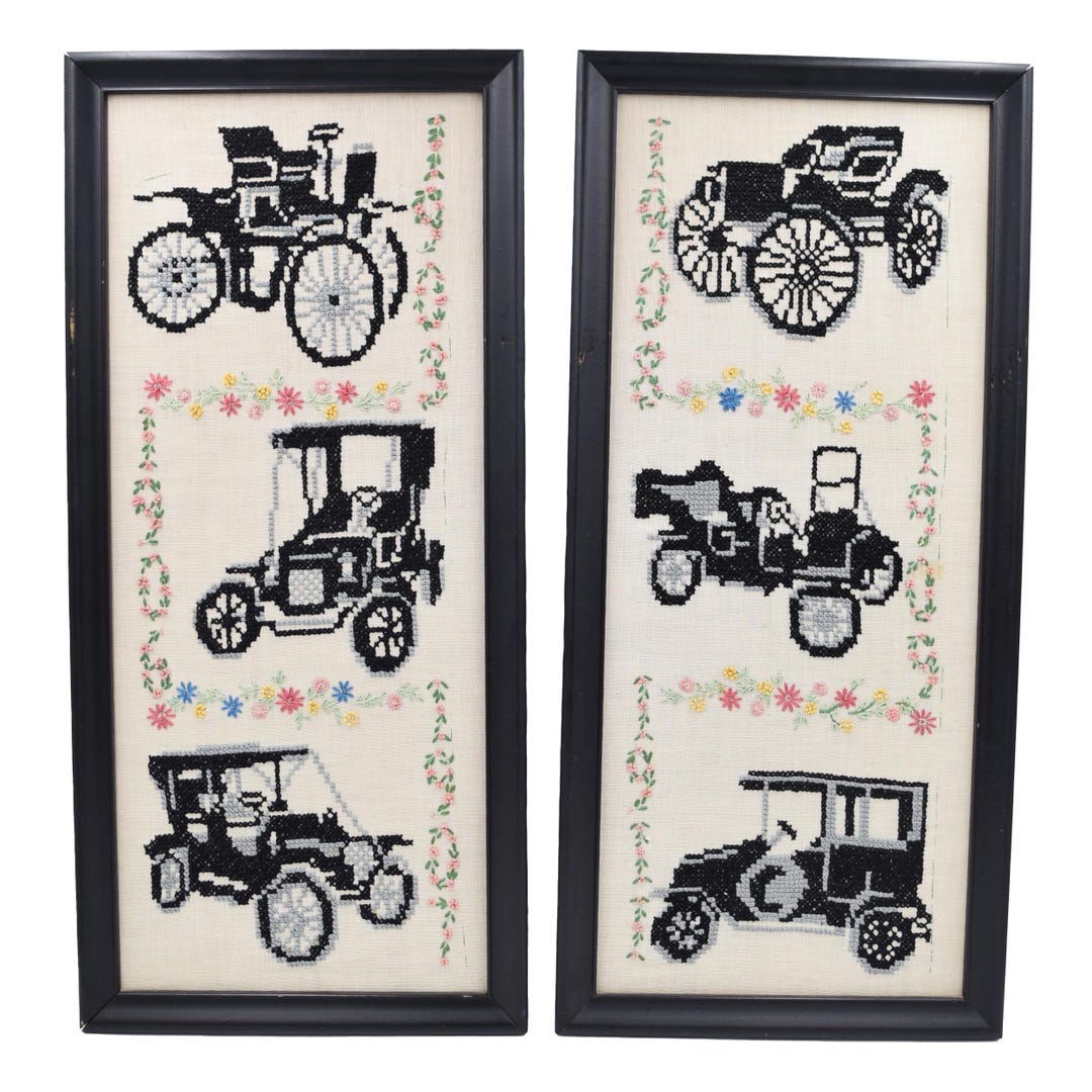 Pair of 2 Antique Needlepoint Embroidered Cars Automobile Handmade ...
