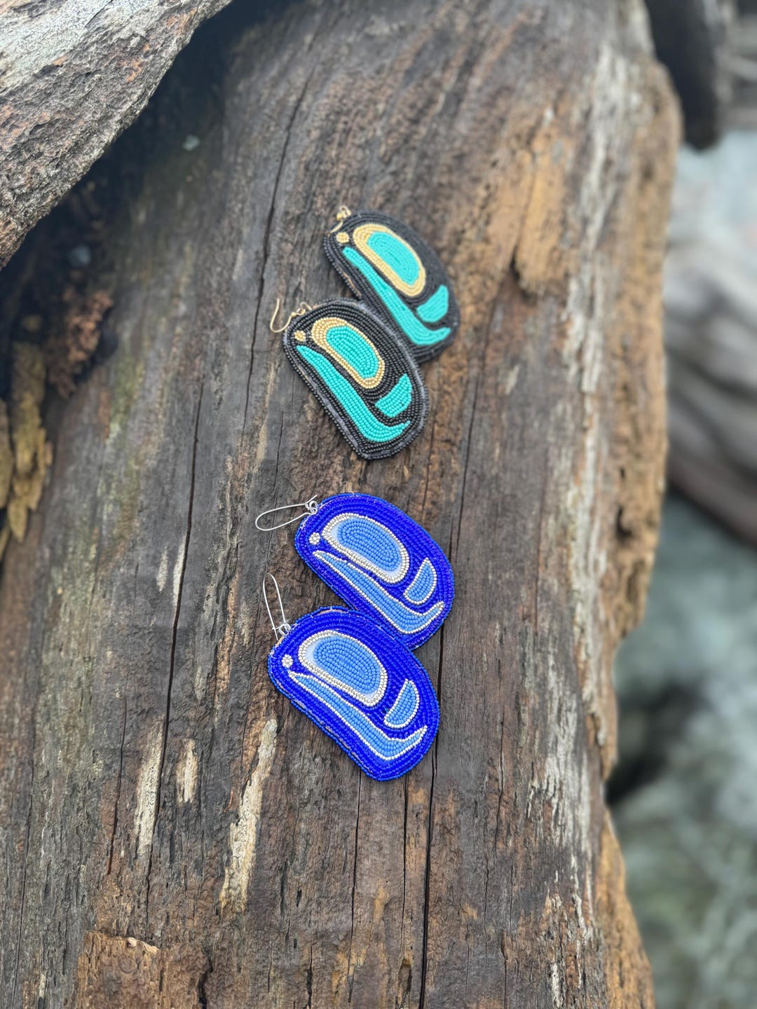 Turquoise, Gold Black Ovoid Earrings- Coast Salish Native American ...